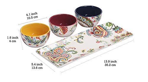 Bico Protea Cynaroides Ceramic Dipping Bowl Set (9oz bowls with 14 inch platter), for Sauce, Nachos, Snacks, Microwave & Dishwasher Safe