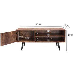 usikey Mid-Century TV Stand for TVs up to 50 Inches, Entertainment Center with Open Storage Shelves & Cabinet, Modern TV Console for Living Room, Rustic Brown