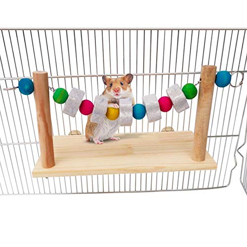 Hamster Wood Ledge Platform with Lava Stone Block Chew Toys,Pet Cage Resting Wooden Shelf for Chinchilla Guinea Pig Gerbil Mouse Rat