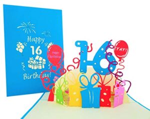 igifts and cards happy 16th birthday with presents 3d pop up greeting card – sweet sixteen granddaughter gift, awesome unique 16 grandson present, turning 16 special birthday card for son, daughter