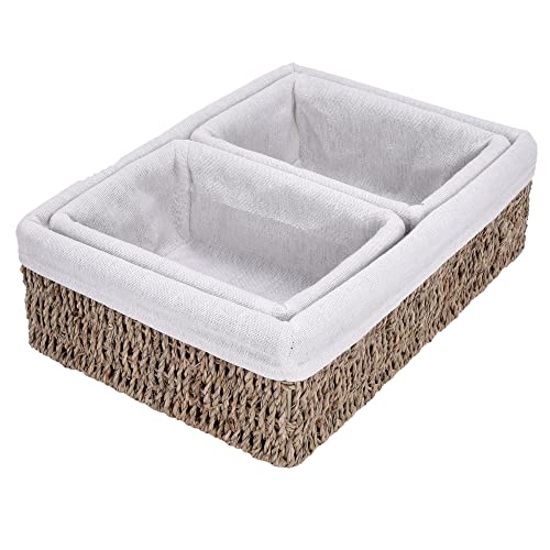 StorageWorks Hand-Woven Storage Baskets with Linings, Seagrass Wicker Baskets for Bathroom and Bedroom, Set of 3 (1PC Large, 2PCS Medium)