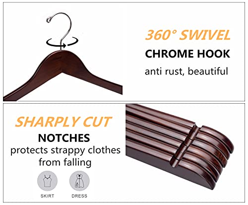 Amber Home Smooth Walnut Finish Solid Wood Shirt Dress Hangers 20 Pack, Sturdy Wooden Coat Hangers with Precisely Notches, Clothes Hangers for Jacket, Camisole, Bridal (Walnut, 20)