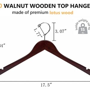 Amber Home Smooth Walnut Finish Solid Wood Shirt Dress Hangers 20 Pack, Sturdy Wooden Coat Hangers with Precisely Notches, Clothes Hangers for Jacket, Camisole, Bridal (Walnut, 20)