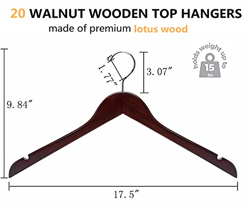 Amber Home Smooth Walnut Finish Solid Wood Shirt Dress Hangers 20 Pack, Sturdy Wooden Coat Hangers with Precisely Notches, Clothes Hangers for Jacket, Camisole, Bridal (Walnut, 20)