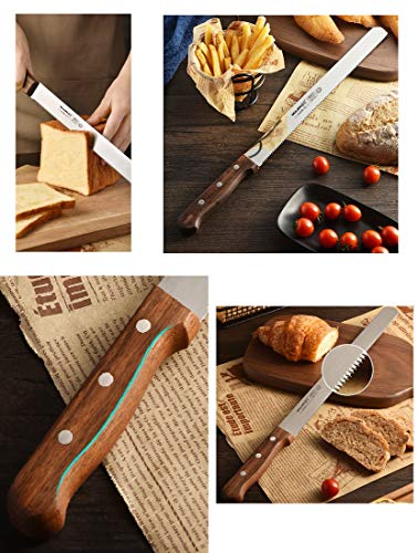 YUJIA Serrated Cake/Bread Knife, 12 Inch blade,High Carbon Stainless Steel Silver, Solid Black Walnut wood hand.