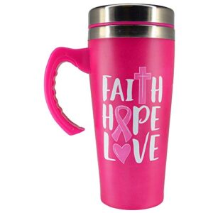 pink breast cancer awareness 16 oz. stainless steel thermal printed coffee mug - faith, hope, love