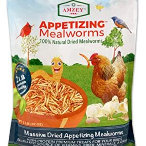 Amzey Dried Mealworms -2 LBS- 100% Natural Non GMO Mealworms -Food for Chicken- High Protein Mealworms for Bird, Duck Food, Bearded Dragon Diet, Gecko Food, Turtle Food, Lizard Food - Bulk Mealworms