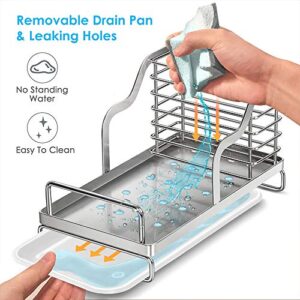 Nieifi Sink Caddy Organizer Sponge Soap Brush Holder with Drain Pan Stainless Steel for Kitchen