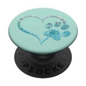 light blue colored dog paw print heart love green mint popsockets standard popgrip