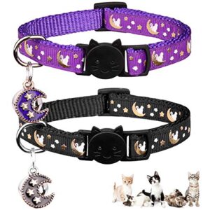 2pcs breakaway cats collars cat collars for boy & girl cats moons adjustable kitten collars with bell & pendant glow in the dark,purple+black