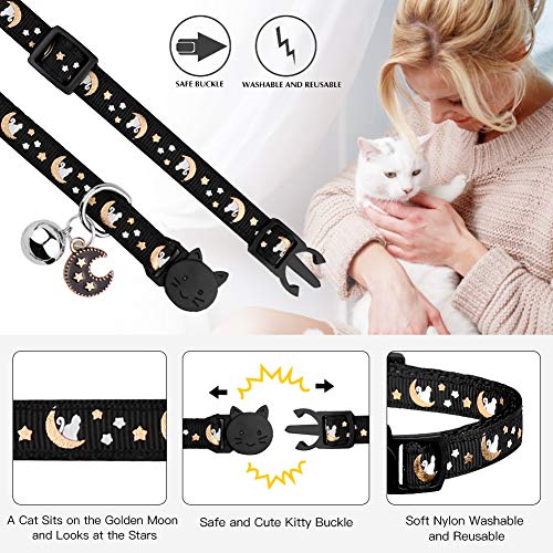 2Pcs Breakaway Cats Collars Cat Collars for Boy & Girl Cats Moons Adjustable Kitten Collars with Bell & Pendant Glow in The Dark,Purple+Black