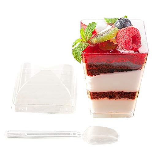 Km Dessert Cups with Lids and Spoons 5OZ Pack of 100 - Clear Tumbler, Plastic Parfait Cups, Tasting Appetizer Bowls, Tall Square Shooters Shot Glasses Mini Dessert Cups - Great for Event and Party