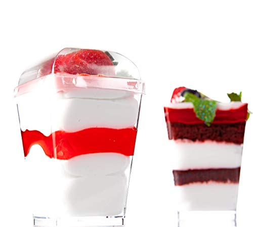 Km Dessert Cups with Lids and Spoons 5OZ Pack of 100 - Clear Tumbler, Plastic Parfait Cups, Tasting Appetizer Bowls, Tall Square Shooters Shot Glasses Mini Dessert Cups - Great for Event and Party