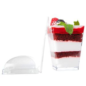 Km Dessert Cups with Lids and Spoons 5OZ Pack of 100 - Clear Tumbler, Plastic Parfait Cups, Tasting Appetizer Bowls, Tall Square Shooters Shot Glasses Mini Dessert Cups - Great for Event and Party