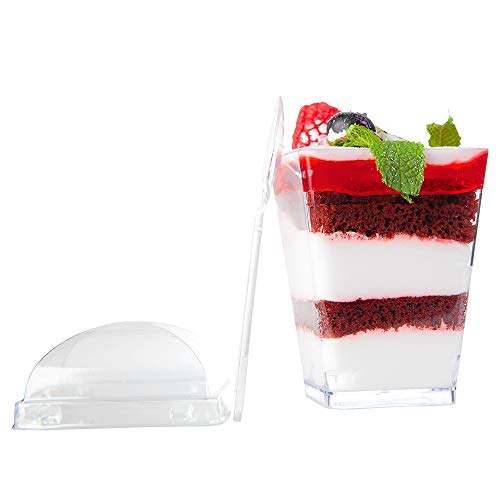 Km Dessert Cups with Lids and Spoons 5OZ Pack of 100 - Clear Tumbler, Plastic Parfait Cups, Tasting Appetizer Bowls, Tall Square Shooters Shot Glasses Mini Dessert Cups - Great for Event and Party