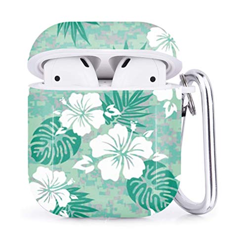 Compatible with Airpods 2 & 1 – Shockproof TPU Gel Portable Protection Soft Case Cover Skin with Carabiner Clip Keychain (Hawaiian Aloha Camouflage)