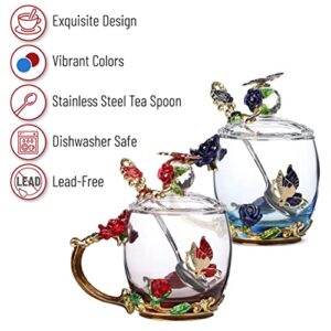 BTaT- Tea Cups with Lids, Pack of 2, Glass Tea Cup, Fancy Tea Cups, Gifts for Women, Tea Mugs for Women, Flower Tea Cup, Blown Glass, Tea Cup Gift, TeaCup, Tea Sets for Women