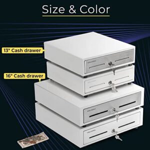 Volcora 13" Cash Register Drawer for Point of Sale (POS) System with Fully Removable 2 Tier Cash Tray, 4 Bill/5 Coin, 24V, RJ11/RJ12 Key-Lock, Double Media Slot, Small Square Money Drawer, White