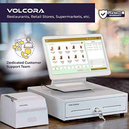 Volcora 13" Cash Register Drawer for Point of Sale (POS) System with Fully Removable 2 Tier Cash Tray, 4 Bill/5 Coin, 24V, RJ11/RJ12 Key-Lock, Double Media Slot, Small Square Money Drawer, White