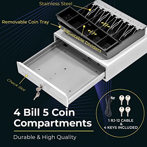 Volcora 13" Cash Register Drawer for Point of Sale (POS) System with Fully Removable 2 Tier Cash Tray, 4 Bill/5 Coin, 24V, RJ11/RJ12 Key-Lock, Double Media Slot, Small Square Money Drawer, White