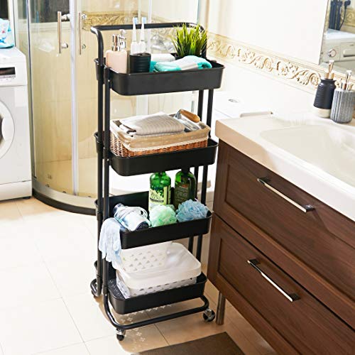 DTK 4 Tier Utility Rolling Cart with Wheels, Storage Kitchen Organizer Craft Cart with Shelves, Trolley Mobile Cart for Office, Kitchen, Bathroom (Black) Frank