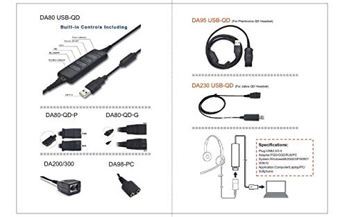 DA80 USB Audio Processor USB QD(201852-01/02) Connector to USB Adapter w/Volume Adjuster, Mute for Microphone & Speaker Compatible with Planstronics QD Cord HW251 HW510/520 310 QD Headset