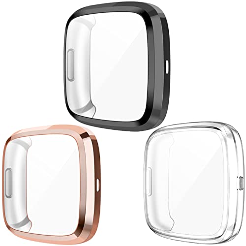 Wepro Screen Protective Case Compatible with Fitbit Versa 2 Smartwatch, 3-Pack Soft TPU Full Cover Cases for Fitbit Versa 2 Watch, Clear/Black/Rosegold