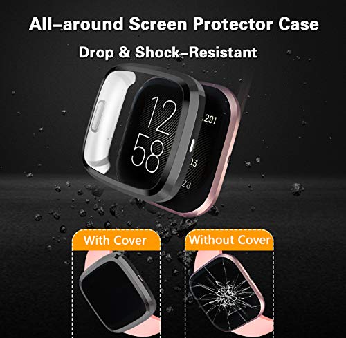 Wepro Screen Protective Case Compatible with Fitbit Versa 2 Smartwatch, 3-Pack Soft TPU Full Cover Cases for Fitbit Versa 2 Watch, Clear/Black/Rosegold