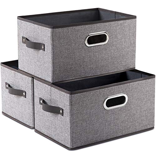 PRANDOM Large Foldable Storage Bins for Shelves [3-Pack] Decorative Linen Fabric Storage Baskets Cubes with Leather/Metal Handles for Closet Nursery Office Grey and Black Trim (14.9x9.8x8.3 Inch)