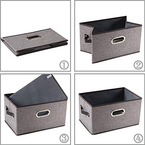 PRANDOM Large Foldable Storage Bins for Shelves [3-Pack] Decorative Linen Fabric Storage Baskets Cubes with Leather/Metal Handles for Closet Nursery Office Grey and Black Trim (14.9x9.8x8.3 Inch)