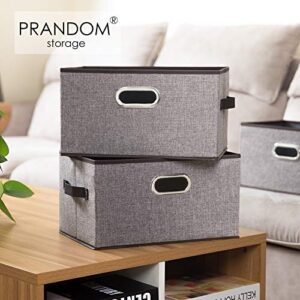 PRANDOM Large Foldable Storage Bins for Shelves [3-Pack] Decorative Linen Fabric Storage Baskets Cubes with Leather/Metal Handles for Closet Nursery Office Grey and Black Trim (14.9x9.8x8.3 Inch)