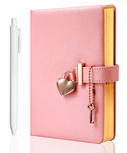 Heart Shaped Lock Diary with Key for Girls PU Leather Cover Journal Personal Organizers Secret Notebook for Women, B6 Size 5.3x7 inch, Pink