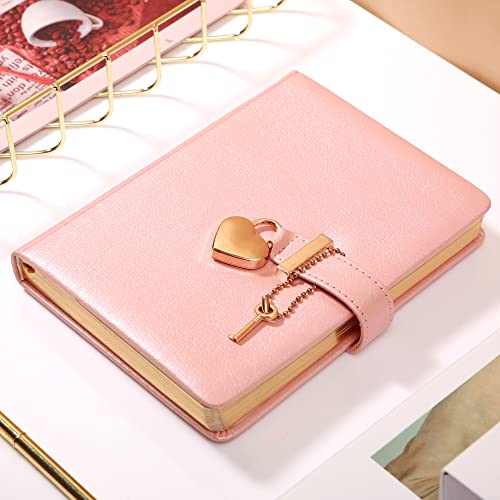 Heart Shaped Lock Diary with Key for Girls PU Leather Cover Journal Personal Organizers Secret Notebook for Women, B6 Size 5.3x7 inch, Pink