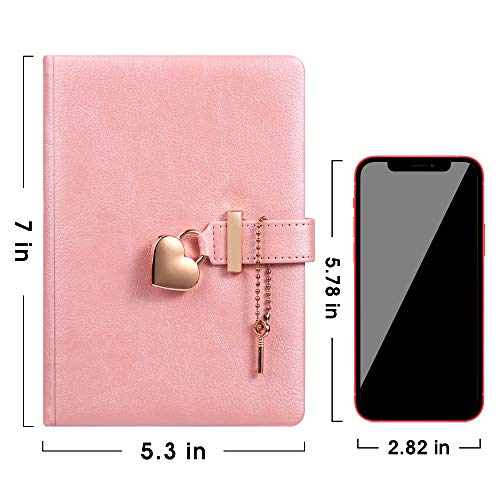 Heart Shaped Lock Diary with Key for Girls PU Leather Cover Journal Personal Organizers Secret Notebook for Women, B6 Size 5.3x7 inch, Pink