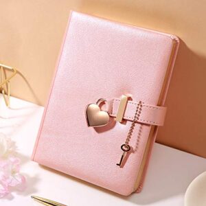 Heart Shaped Lock Diary with Key for Girls PU Leather Cover Journal Personal Organizers Secret Notebook for Women, B6 Size 5.3x7 inch, Pink