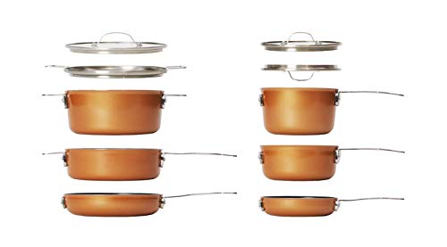 Gotham Steel Stackable Pots and Pans Stackmaster 10 Piece Cookware Set with Ultra Nonstick Cast Texture Ceramic Coating, Copper