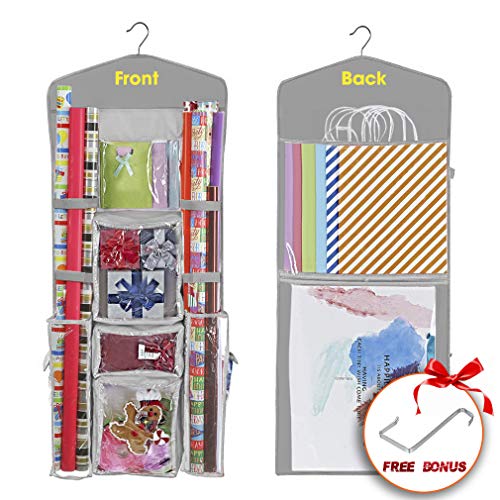 ProPik Hanging Double Sided Christmas Gift Wrapping Paper Storage Organizer With Multiple Pockets Organize Your Gift Wrap, Gift Bags Bows Ribbons 40"X17" Fits 40 Inch Rolls Clear PVC Bag (Grey)