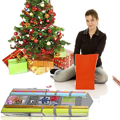 ProPik Hanging Double Sided Christmas Gift Wrapping Paper Storage Organizer With Multiple Pockets Organize Your Gift Wrap, Gift Bags Bows Ribbons 40"X17" Fits 40 Inch Rolls Clear PVC Bag (Grey)