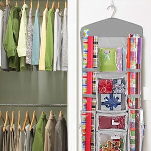 ProPik Hanging Double Sided Christmas Gift Wrapping Paper Storage Organizer With Multiple Pockets Organize Your Gift Wrap, Gift Bags Bows Ribbons 40"X17" Fits 40 Inch Rolls Clear PVC Bag (Grey)