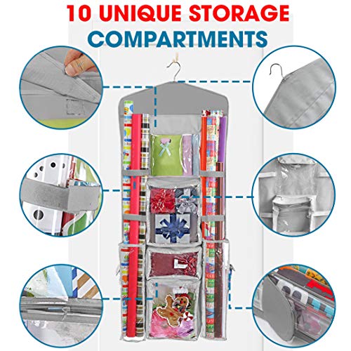 ProPik Hanging Double Sided Christmas Gift Wrapping Paper Storage Organizer With Multiple Pockets Organize Your Gift Wrap, Gift Bags Bows Ribbons 40"X17" Fits 40 Inch Rolls Clear PVC Bag (Grey)