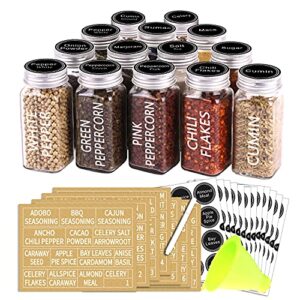 swommoly 14 glass spice jars with 268 spice labels, chalk marker and funnel complete set. square spice containers 4oz seasoning bottles, airtight cap, pour/sift shaker lid.