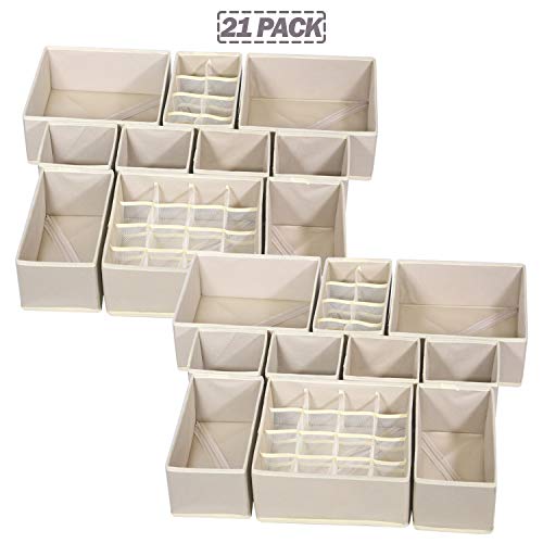 21 Pack Foldable Drawer Organizer Dividers Cloth Storage Box Closet Dresser Organizer Cube Fabric Containers Basket Bins for Underwear Bras Socks Panties Lingeries Nursery Baby Clothes Beige