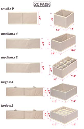 21 Pack Foldable Drawer Organizer Dividers Cloth Storage Box Closet Dresser Organizer Cube Fabric Containers Basket Bins for Underwear Bras Socks Panties Lingeries Nursery Baby Clothes Beige