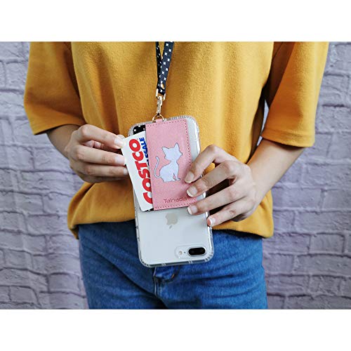 Tainada Stick On Adhesive PU Leather Animal Silhouette Wallet Cash ID Credit Card Holder with Detachable Neck Lanyard Compatible with Most Smartphones + One Cord Wrapper (Pink Cat)