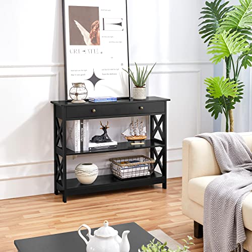 Yaheetech Console Table with Drawer, 39.5 Inch Narrow Sofa Table with Storage Shelves, 3-Tier Wood Entryway Table for Hallway/Living Room/Foyer, Black