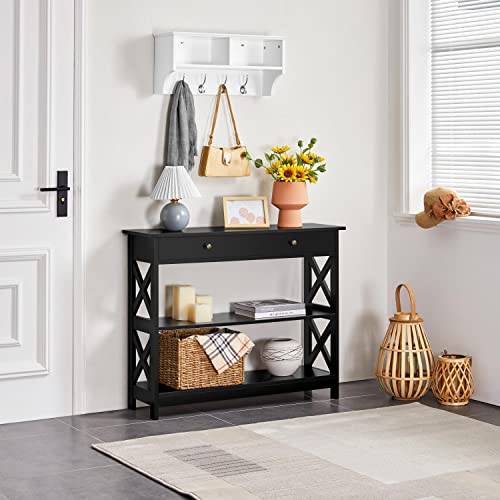 Yaheetech Console Table with Drawer, 39.5 Inch Narrow Sofa Table with Storage Shelves, 3-Tier Wood Entryway Table for Hallway/Living Room/Foyer, Black