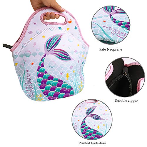 Mermaid Lunch Bag - Neoprene Kids Lunch Bag for Girls Gift Back to School Preschool Kindergarten Elementary Lunchbag Outdoor Picnic Camping Reusable Lunch Tote Bag