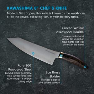 Messermeister Kawashima 8” Chef’s Knife - SG2 Powdered Steel, Eco-Brass Bolster & Walnut Pakkawood Handle - Made in Seki, Japan