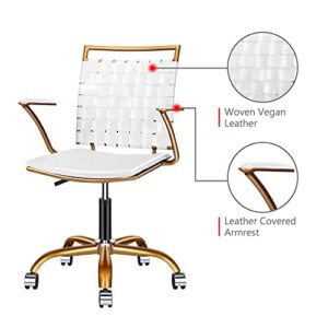 LUXMOD Vanity Chair Gold Office Chair Mid Back Ergonomic Swivel Computer Desk Chair with Arms, Ergonomic White Leather Chair for Lumbar Support & Extra Back,Home Office Chair for Desk