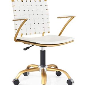 LUXMOD Vanity Chair Gold Office Chair Mid Back Ergonomic Swivel Computer Desk Chair with Arms, Ergonomic White Leather Chair for Lumbar Support & Extra Back,Home Office Chair for Desk